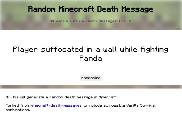 Random Minecraft Death Message ― Perchance Generator