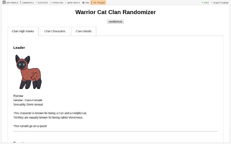Warrior Cat Clan Randomizer ― Perchance Generator