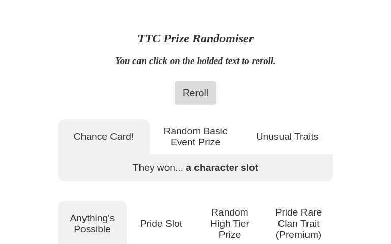 TTC Prize Randomiser ― Perchance Generator