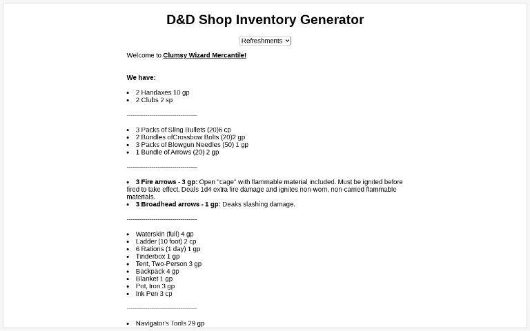 D&D Shop Inventory Generator