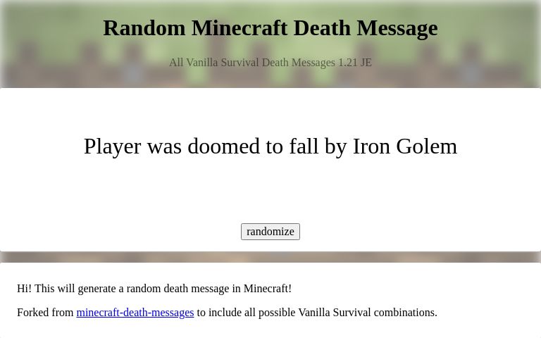 Random Minecraft Death Message ― Perchance Generator
