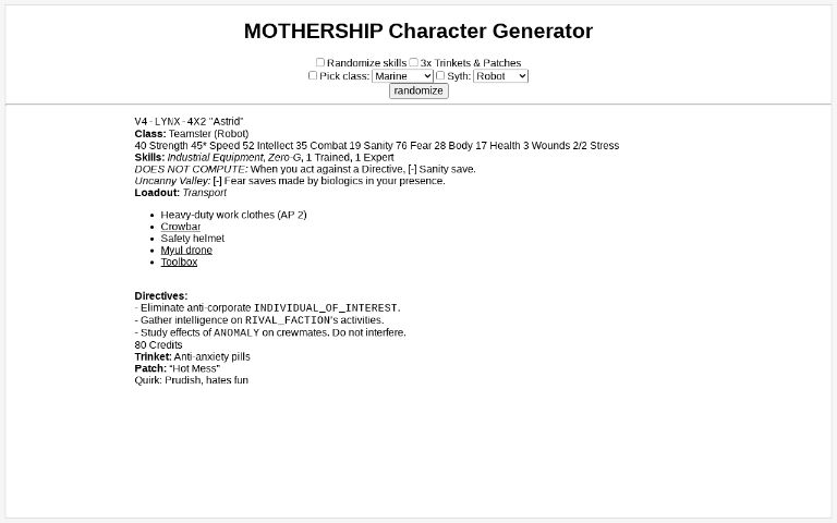 MOTHERSHIP Character Generator