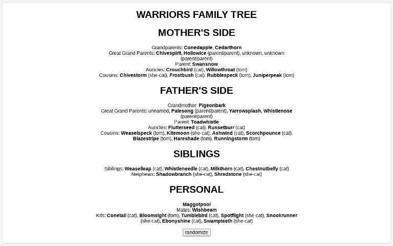 WARRIORS FAMILY TREE ― Perchance Generator