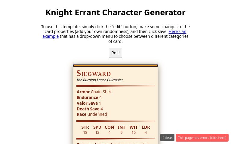 Knight Errant Character Generator