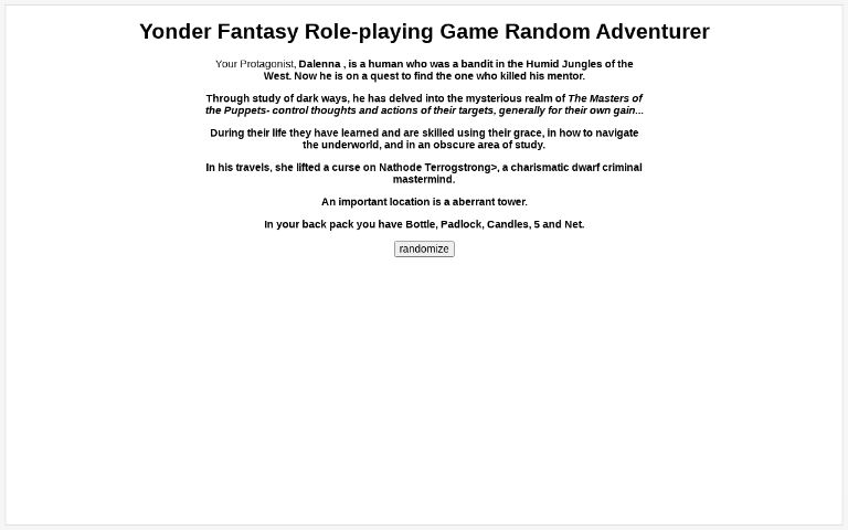 Yonder Fantasy Role-playing Game Random Adventurer ― Perchance Generator