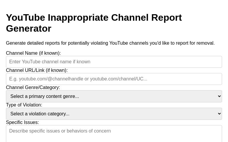 YouTube Inappropriate Channel Report Generator