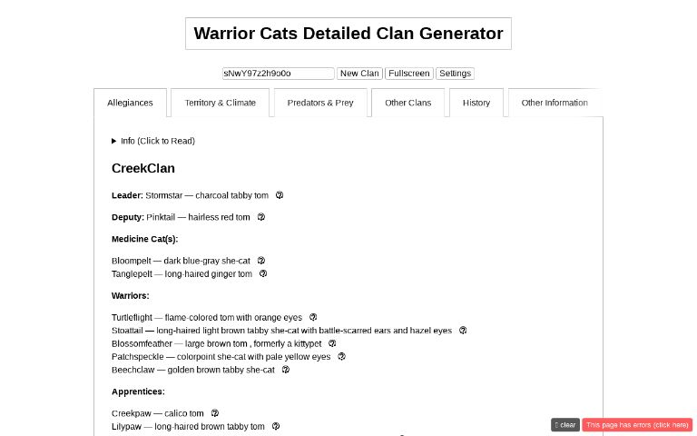 Warrior Cats Detailed Clan Generator