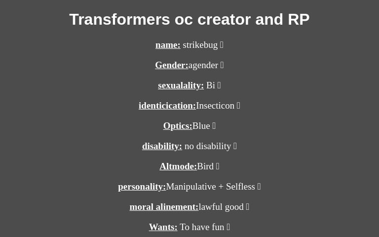 Transformers oc creator and RP ― Perchance Generator