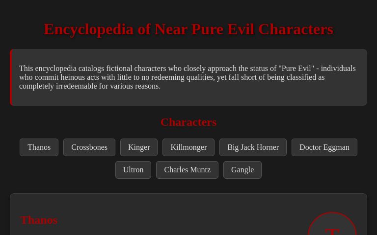 Encyclopedia of Near Pure Evil Characters ― Perchance Generator