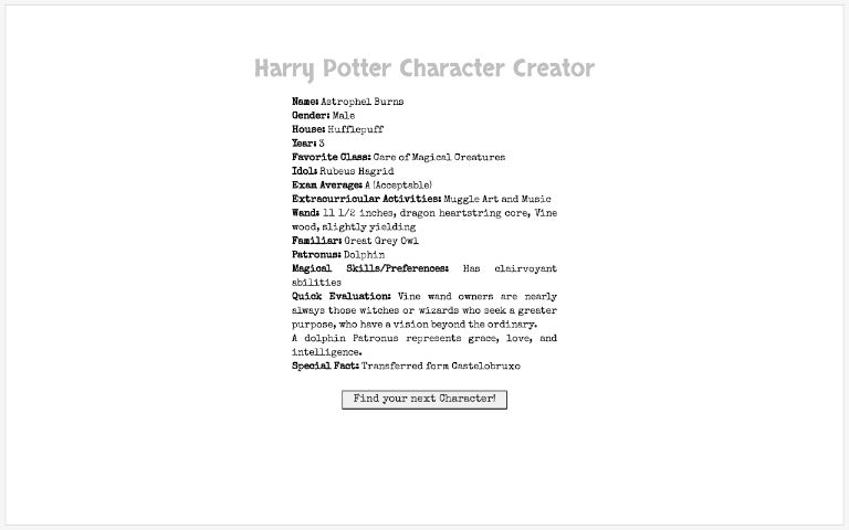 Harry Potter Character Creator ― Perchance Generator