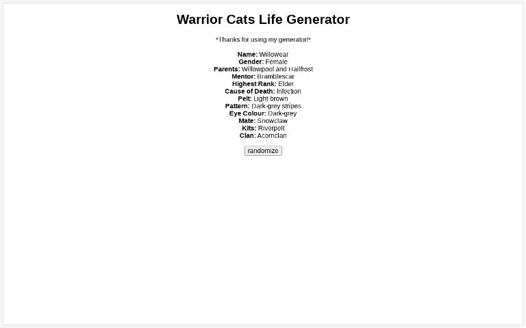 Warrior Cats Life Generator