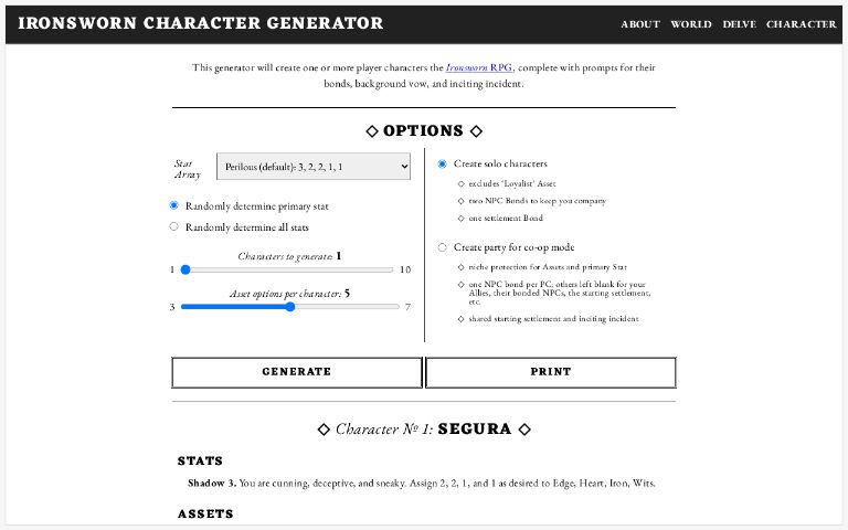 Ironsworn Character Generator 1.11, by rsek
