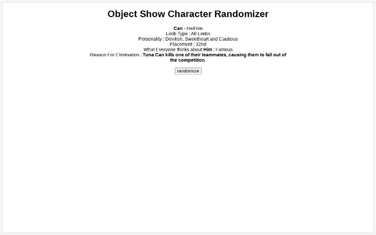 Object Show Character Randomizer ― Perchance Generator