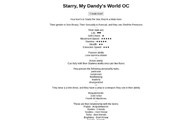 Starry, My Dandy's World OC ― Perchance Generator