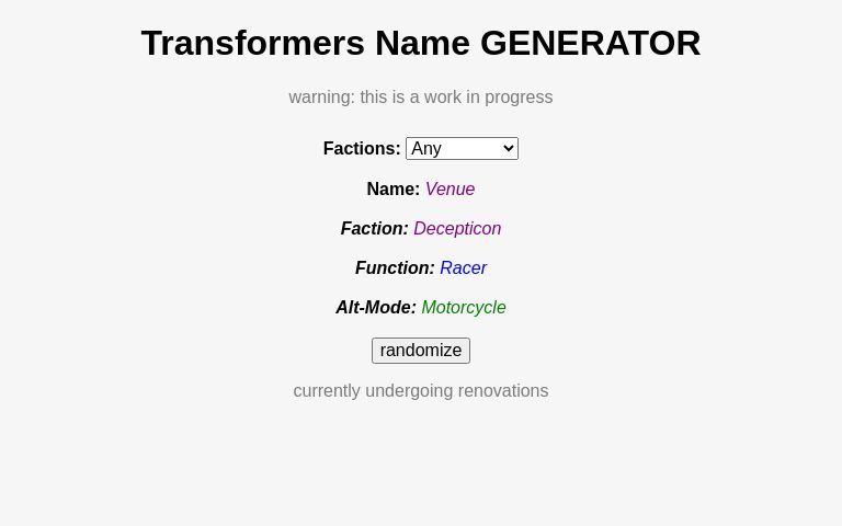 Transformers Name GENERATOR