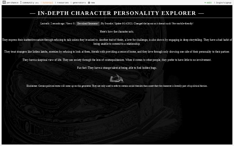 In-Depth Character Personality Explorer — ― Perchance Generator