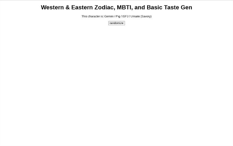 Western & Eastern Zodiac, MBTI, and Basic Taste Gen ― Perchance Generator