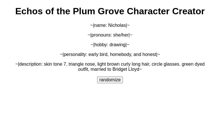 Echos of the Plum Grove Character Creator ― Perchance Generator