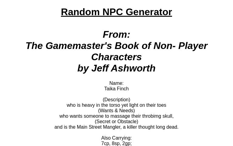 Big City Denizens Random NPC Generator From: The Gamemaster's Book of ...