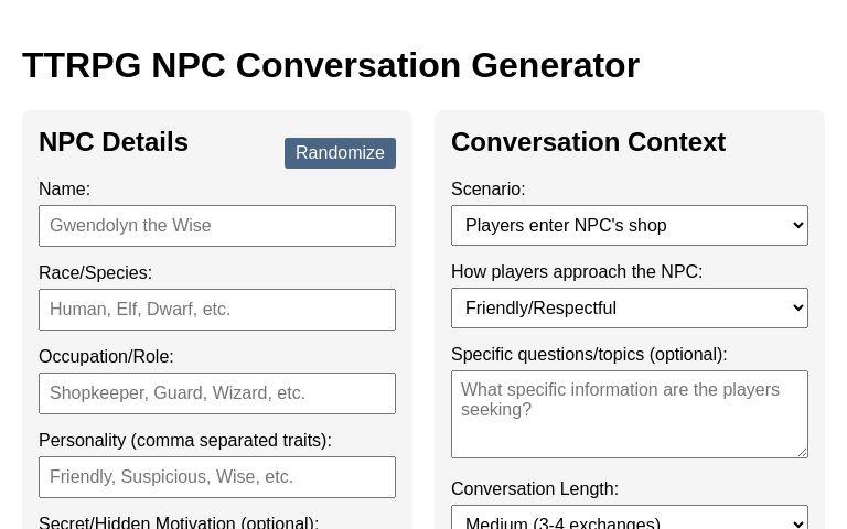 TTRPG NPC Conversation Generator