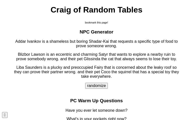 Craig of Random Tables ― Perchance Generator