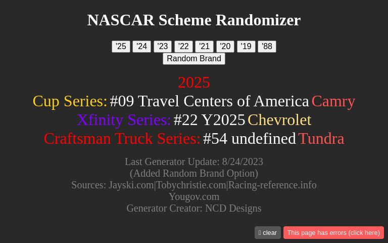 NASCAR Scheme Randomizer ― Perchance Generator